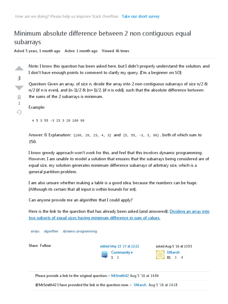Arrays Minimum Absolute Difference Between 2 Non Contiguous Equal Subarrays Stack Overflow