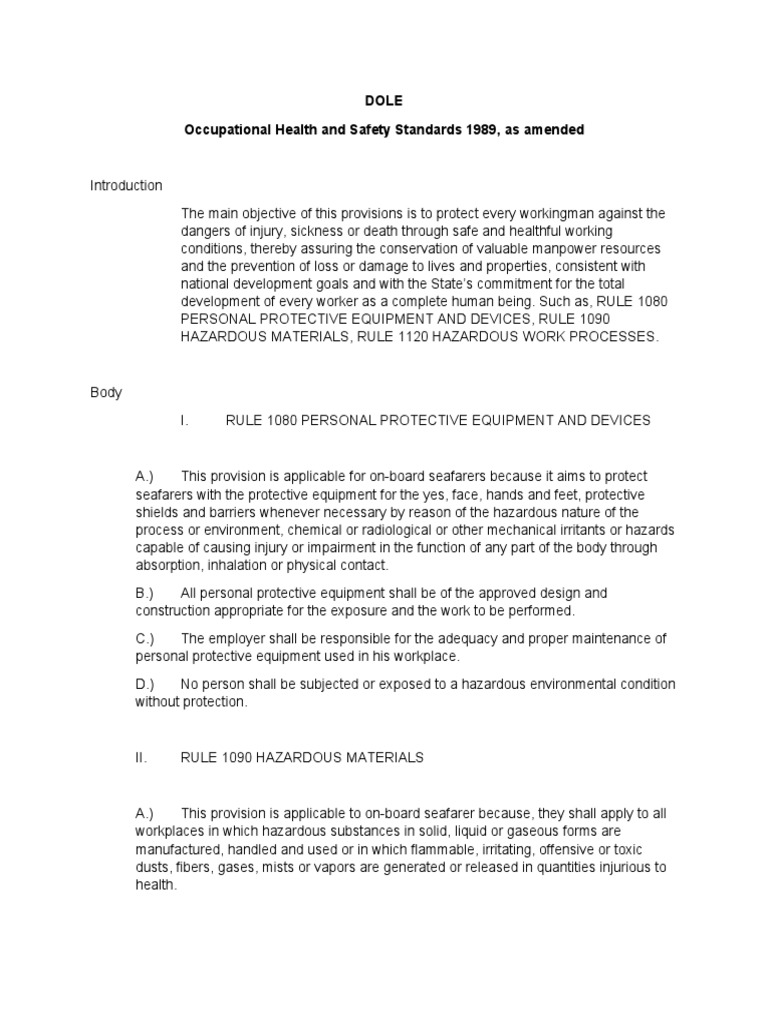 Dole Occupational Health and Safety Standards 1989, As Amended | PDF ...
