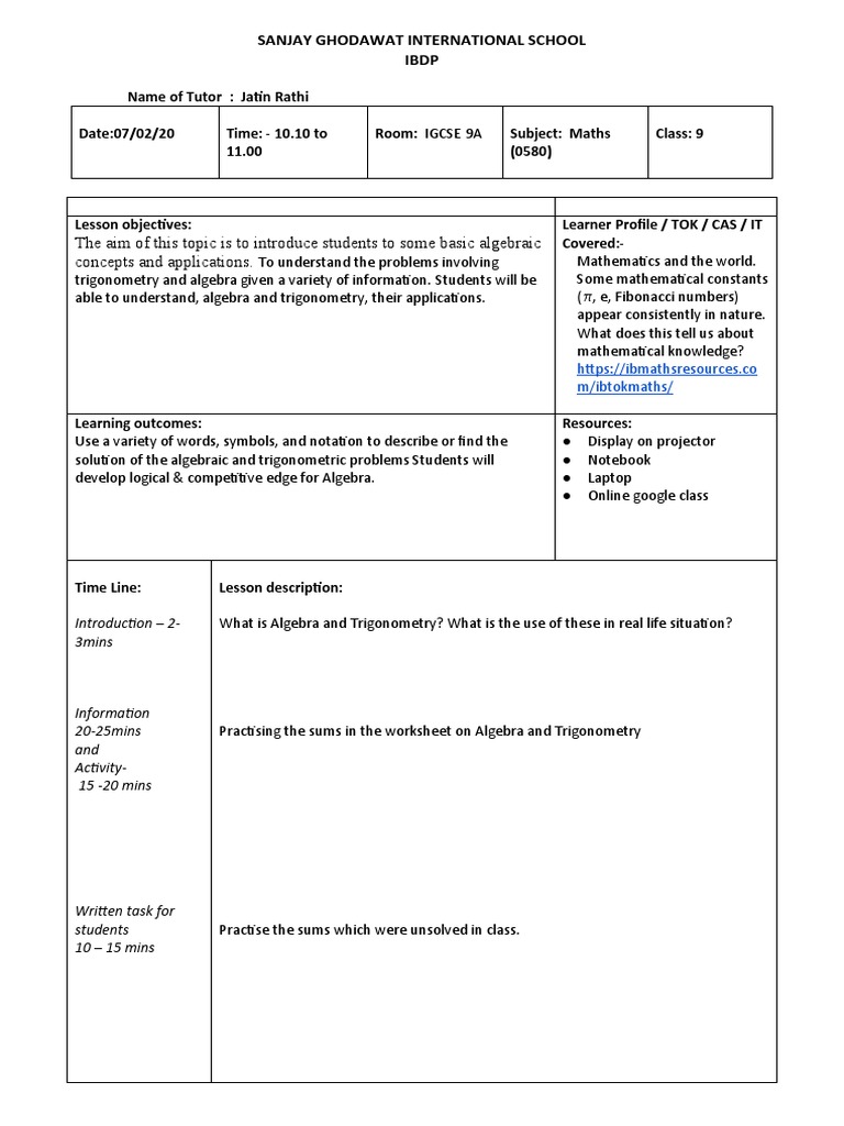 IGCSE Maths 9 Lesson Plan CAS | PDF