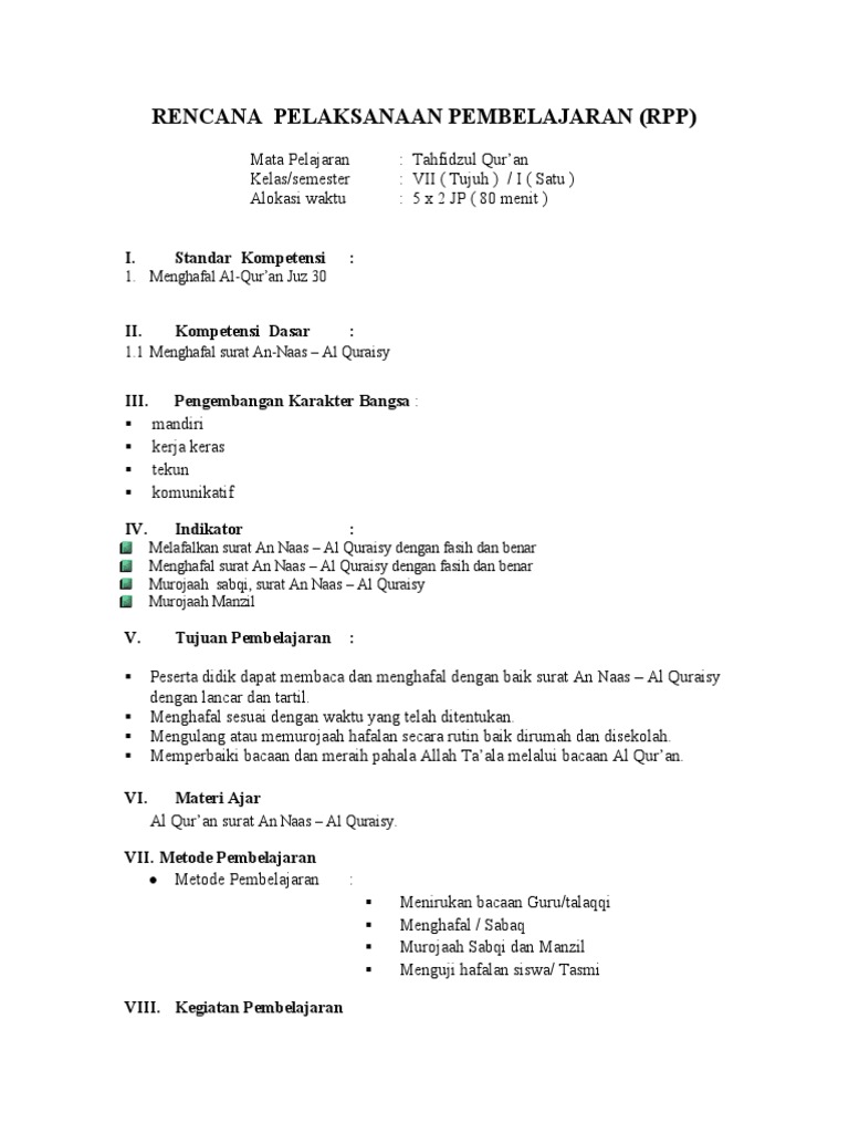 RPP Tahfidz Kls 7 Sem1 | PDF