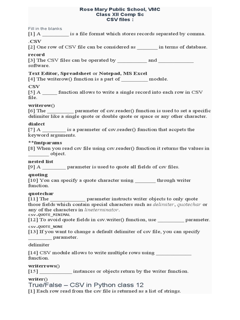 Record: True/False - CSV in Python Class 12 | PDF | Comma Separated Values | Subroutine