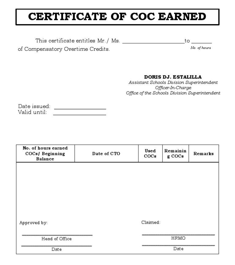 Certificate of Coc Earned: This Certificate Entitles MR./ Ms. To of ...