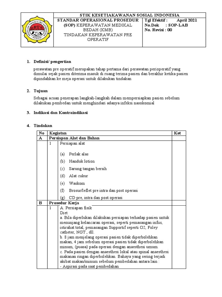 SOP KMB-tindakan Keperawatan Pre Operatif | PDF