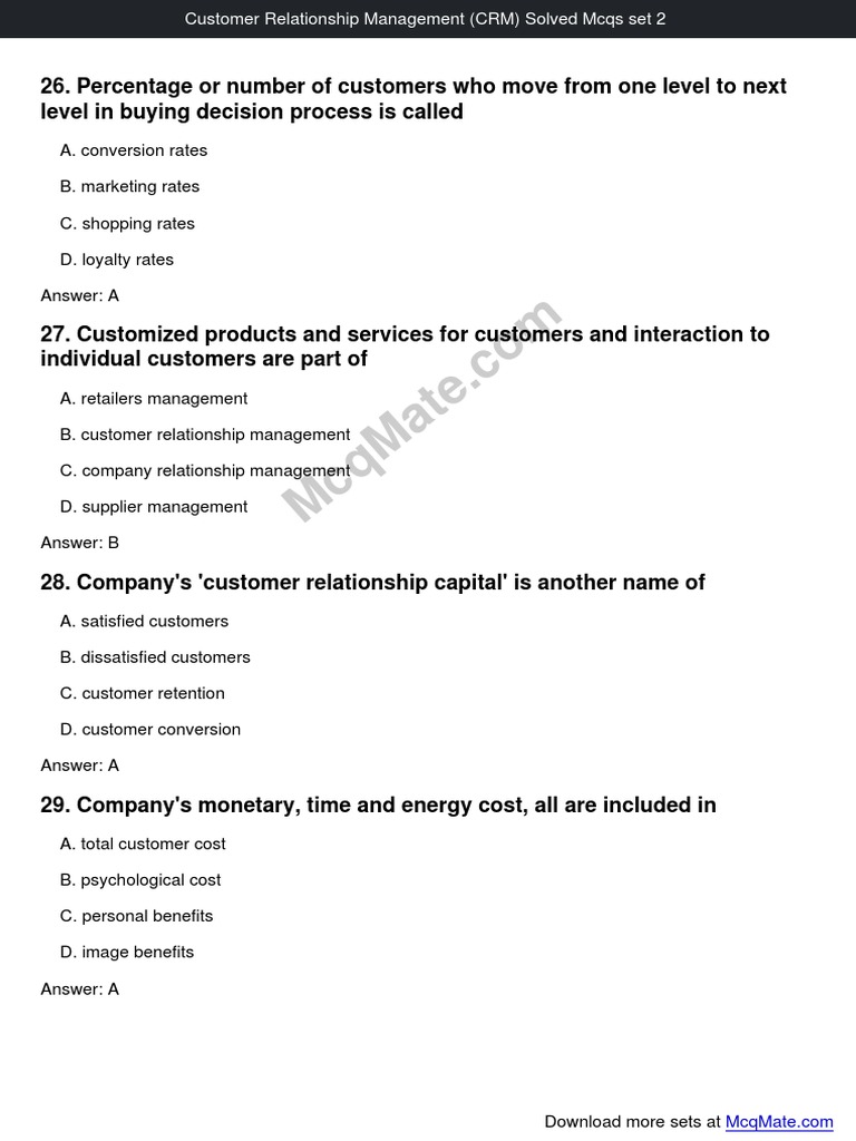 CRM MCQs with Answers for Exam Prep | PDF | Customer Relationship ...