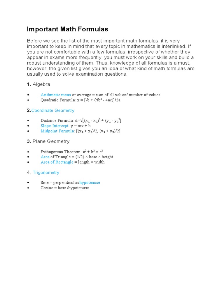 Important Math Formulas | PDF