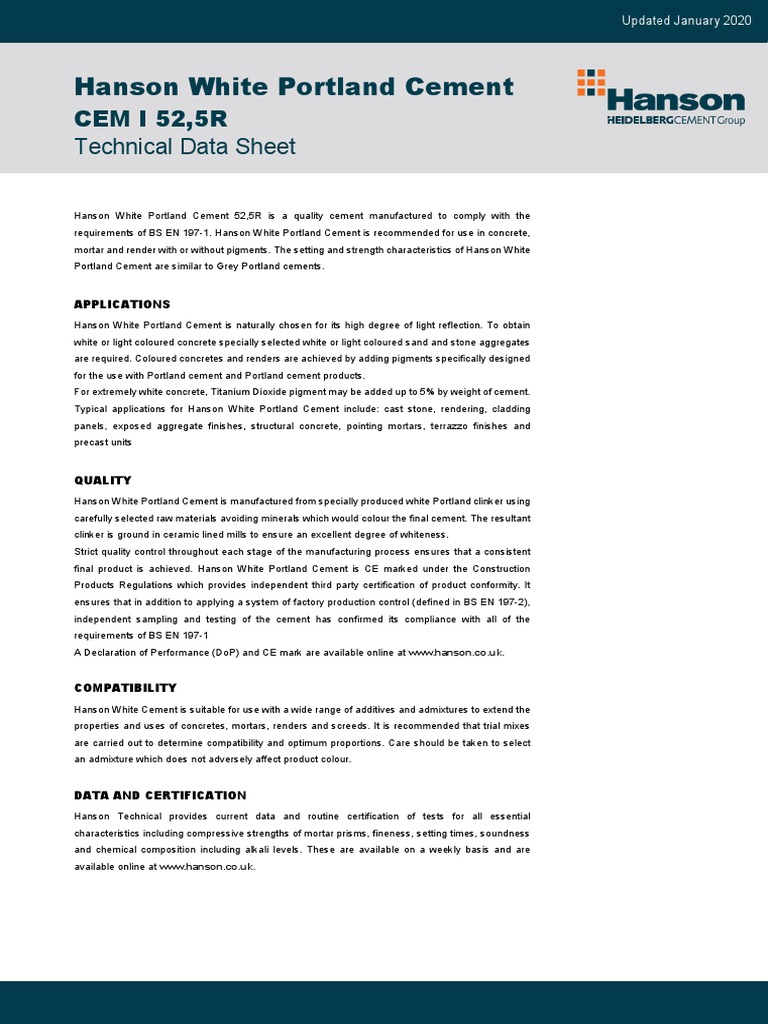 Hanson White Portland Cement: Technical Data Sheet | PDF | Concrete ...