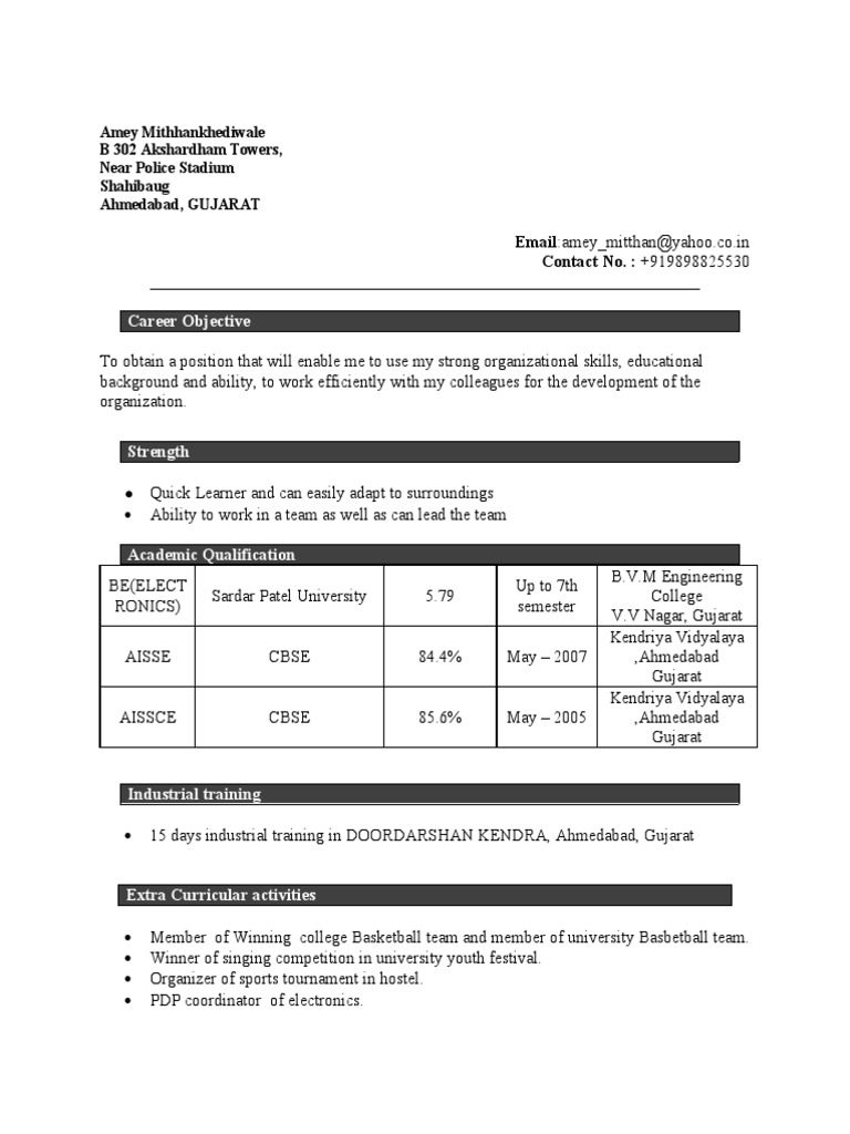 Amey Mitthankhediwale's Resume: An Electronics Engineer with Strong Organizational Skills and ...