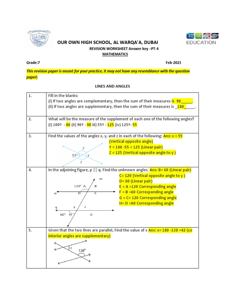PT 4revision Worksheet. - Answer Key | PDF | Area | Angle