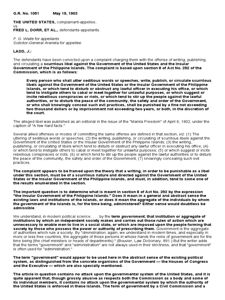 03 U.S vs. Dorr (2 PHIL 332) - Digested 2 | PDF | Defamation | Crime ...