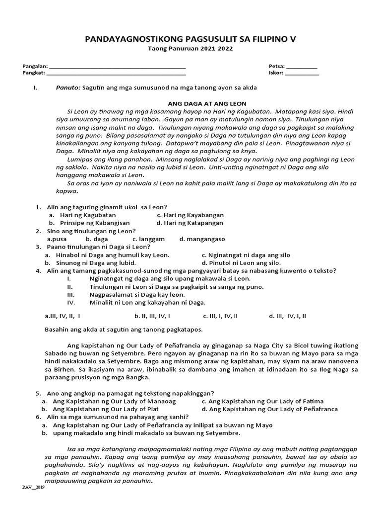 Diagnostic Test in Filipino 5 2021 | PDF