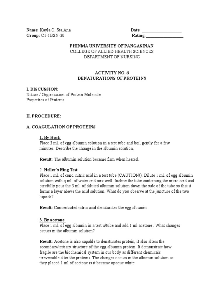 (Bio 024) Lab Activity 6 - Denaturation of Proteins | PDF | Denaturation (Biochemistry) | Acid