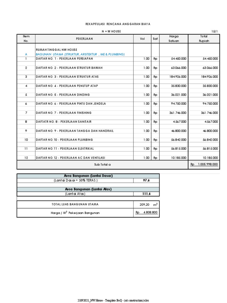 REKAP NW House - Template BoQ - (SRT Construction) | PDF