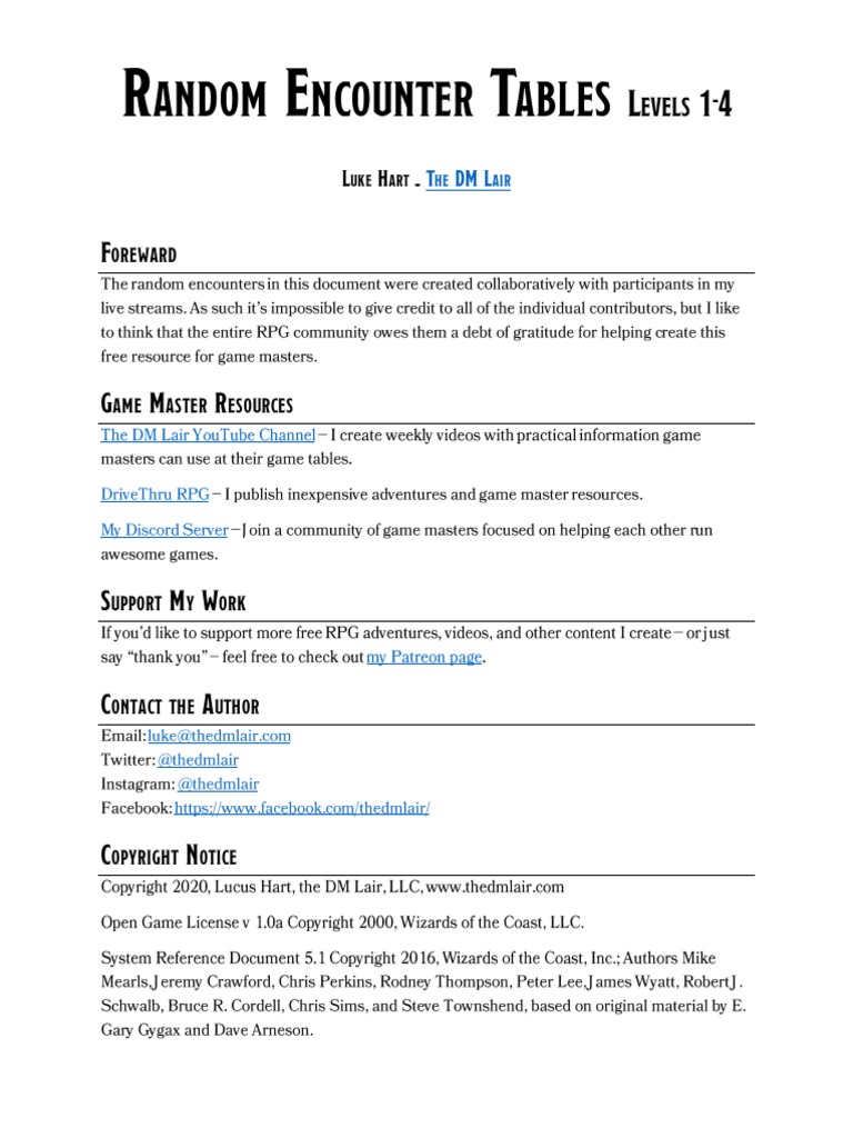 Random Encounter Tables Levels 1 4 | PDF
