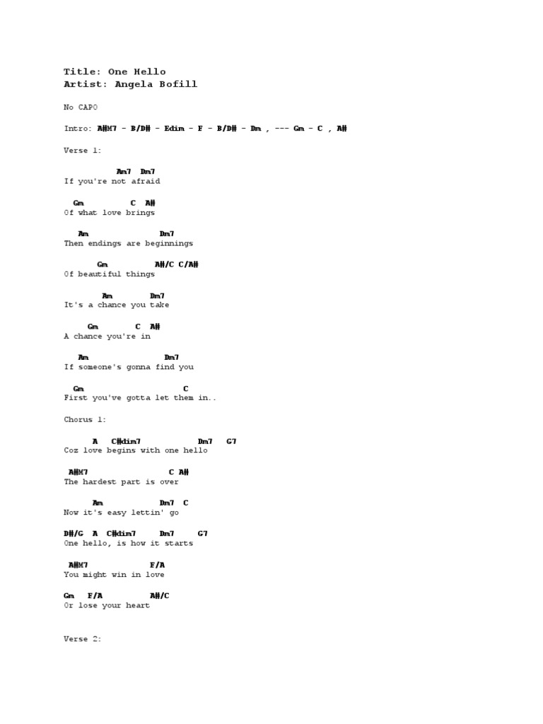 Title: One Hello Artist: Angela Bofill: A#M7 B/D# Edim F B/D# DM GM C ...