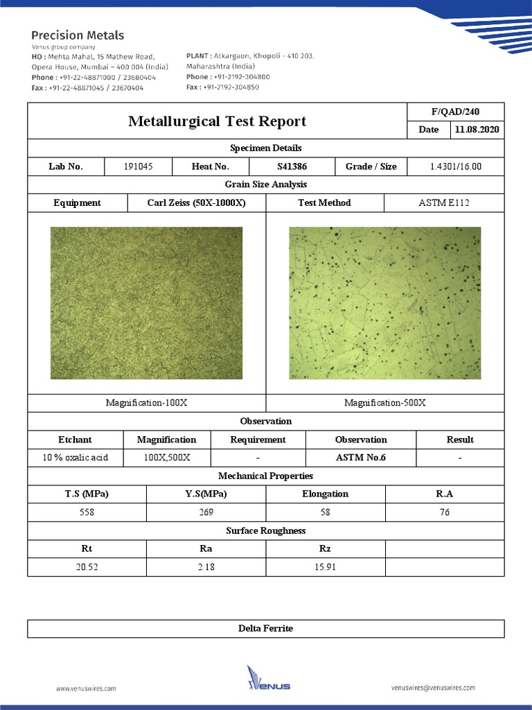 Metallurgical Test Report | PDF