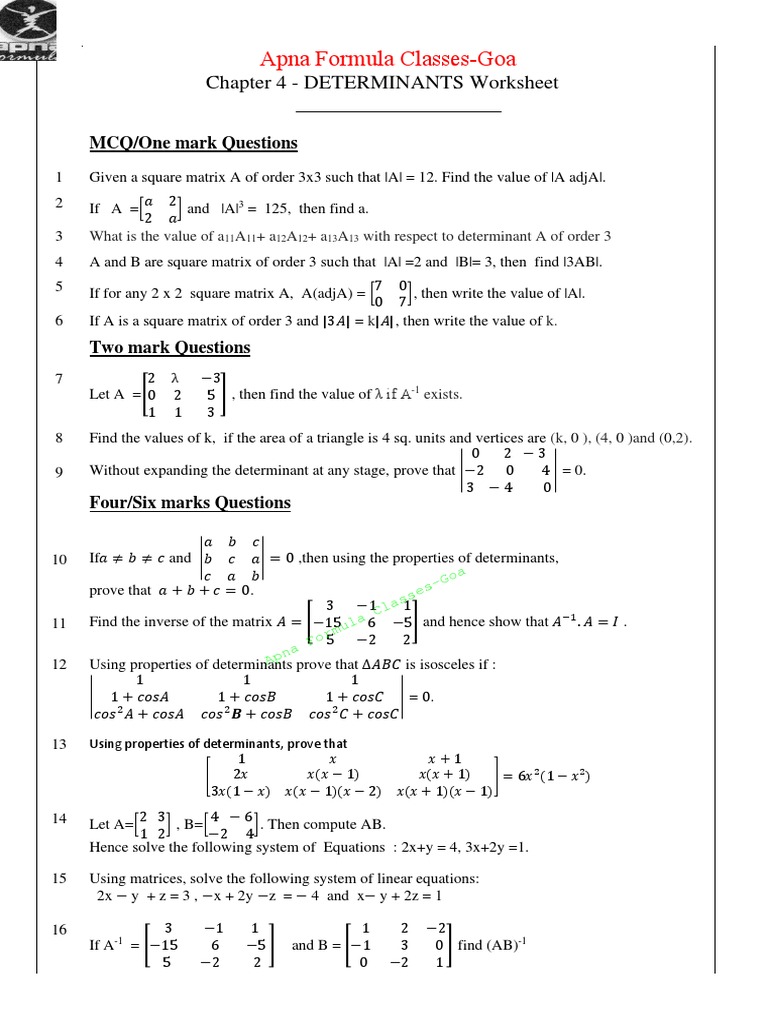 Apna Formula Classes-Goa: Chapter 4 - DETERMINANTS Worksheet | PDF ...