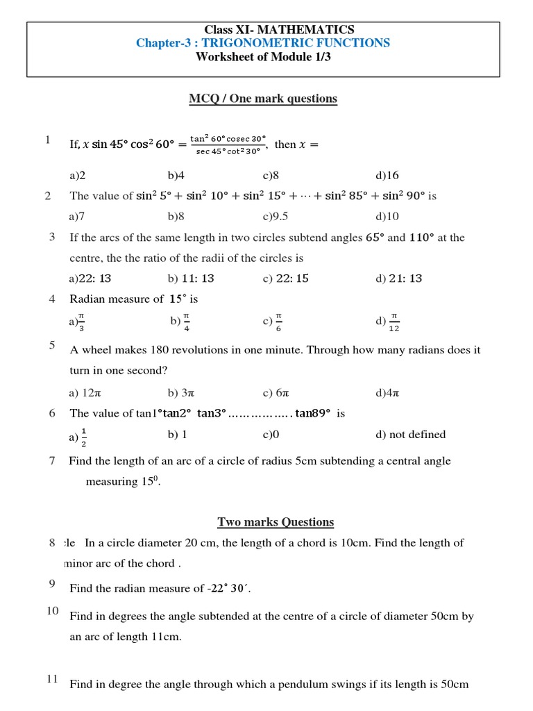 Chapter-3: Trigonometric Functions: MCQ / One Mark Questions | PDF ...