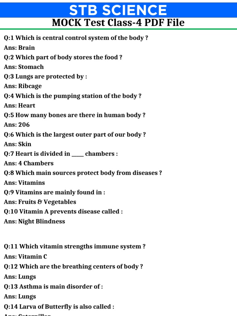 Class 4 Science Mock Test Questions | PDF | Sound | Liquids