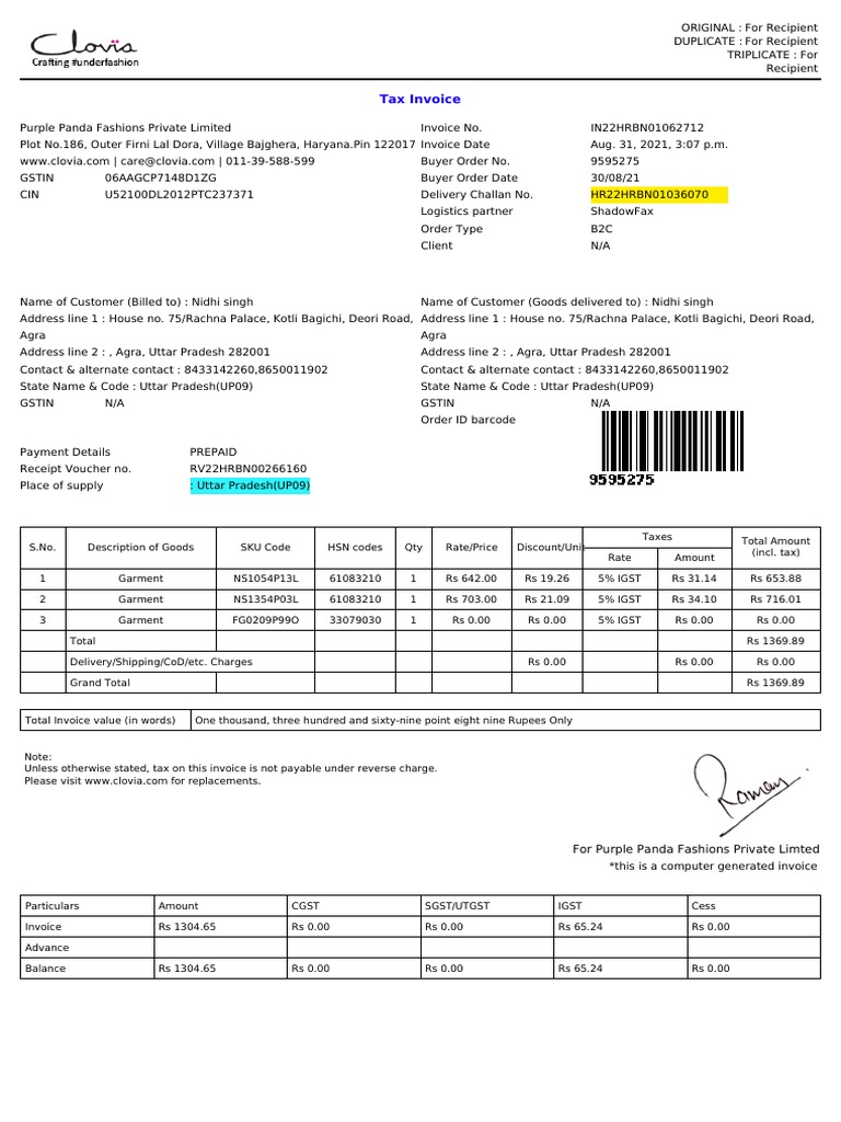 Tax Invoice: For Purple Panda Fashions Private Limted | Download Free ...