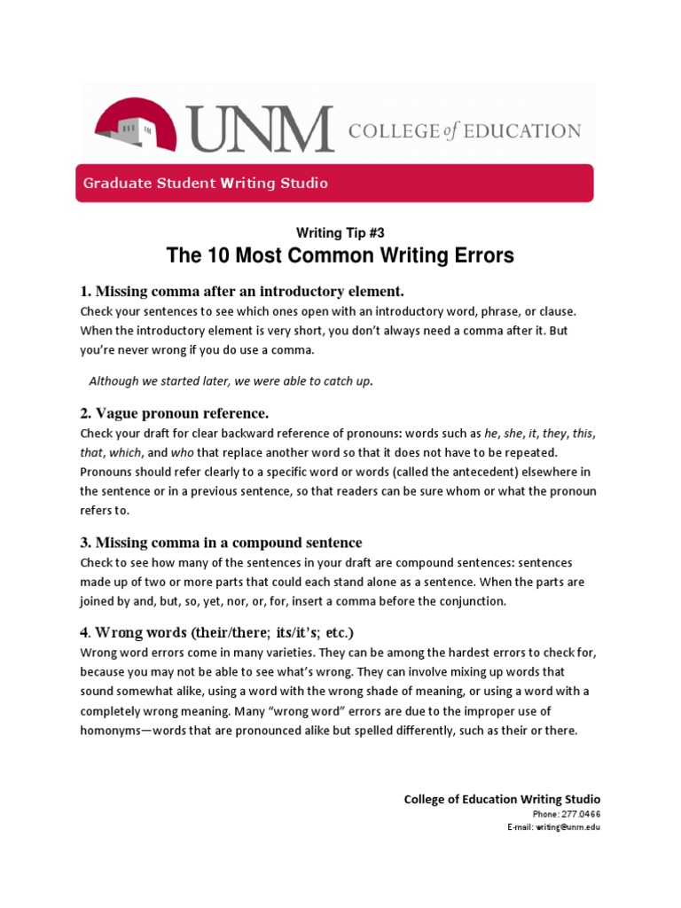 The 10 Most Common Writing Errors: 1. Missing Comma After An ...