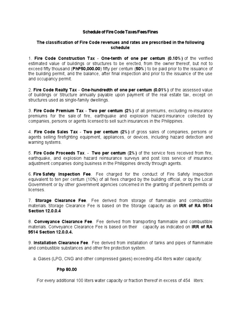 The Classification of Fire Code Revenues and Rates Are Prescribed in ...