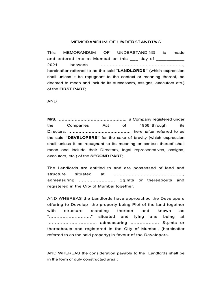 Mou For Development | PDF | Landlord | Taxes
