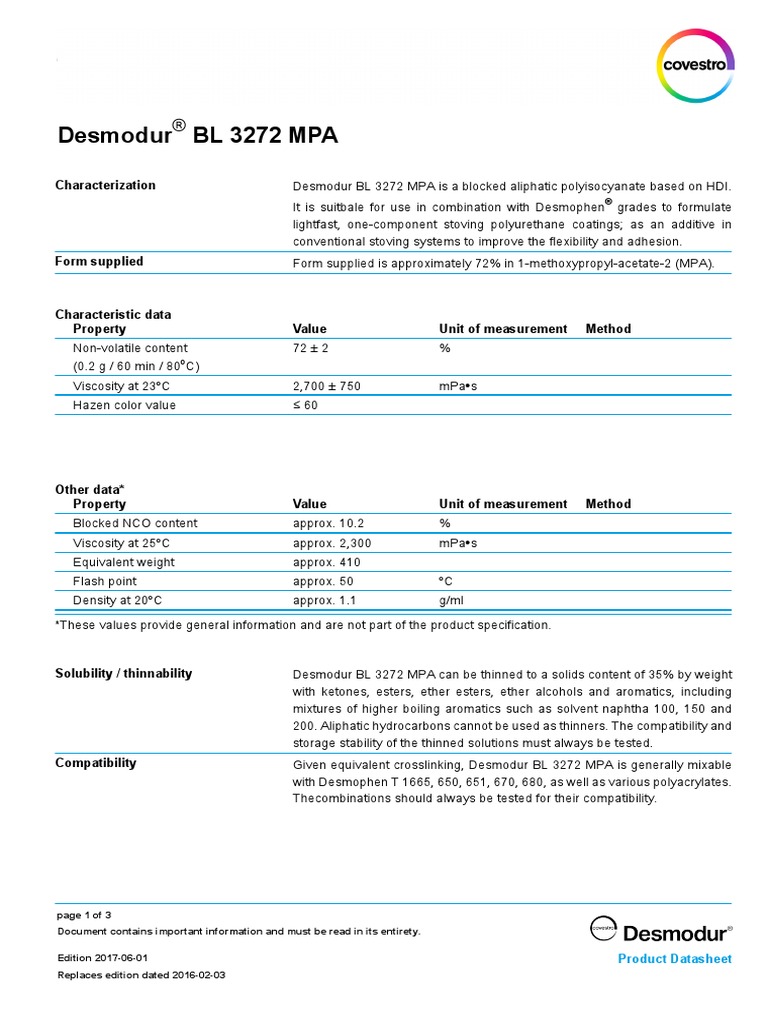 COVESTRO Desmodur BL 3272 MPA - en - 04109147 12978291 13410124 | PDF ...
