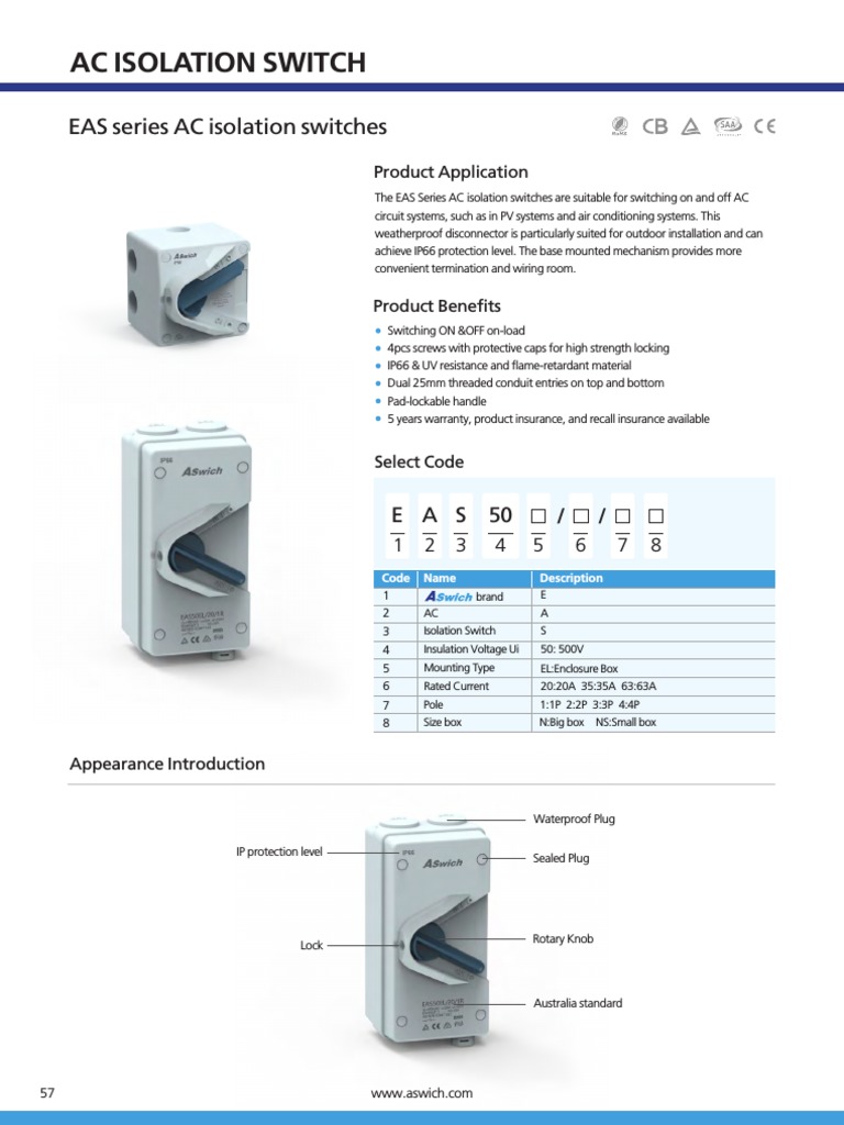EAS Series AC Isolation Switch Overview | PDF | Switch | Electrical Wiring
