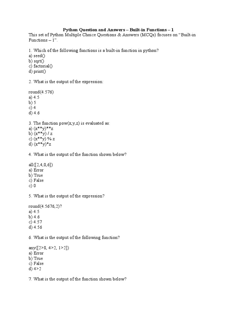 Python Question and Answers - Built-In Functions - 1 | Download Free PDF | Anonymous Function ...