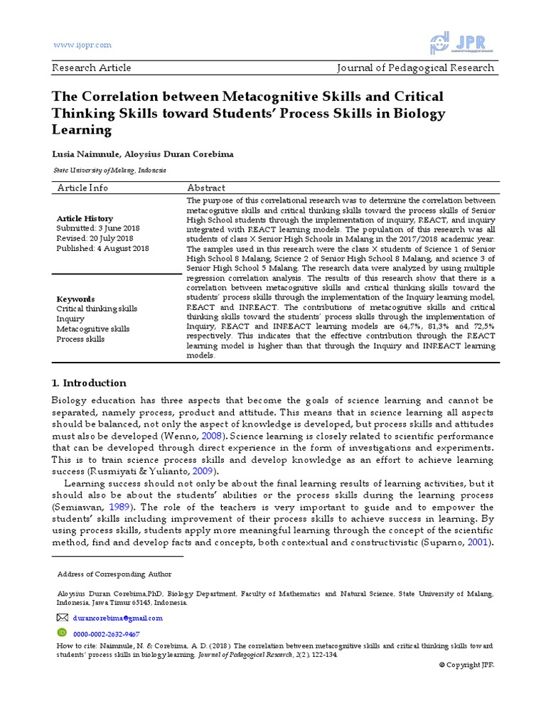 The Correlation Between Metacognitive Skills and Critical Thinking Skills Toward Students ...