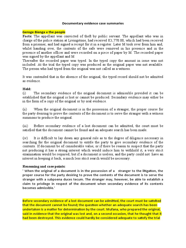 Documentary Evidence Case Summaries | PDF | Evidence | Breach Of Contract
