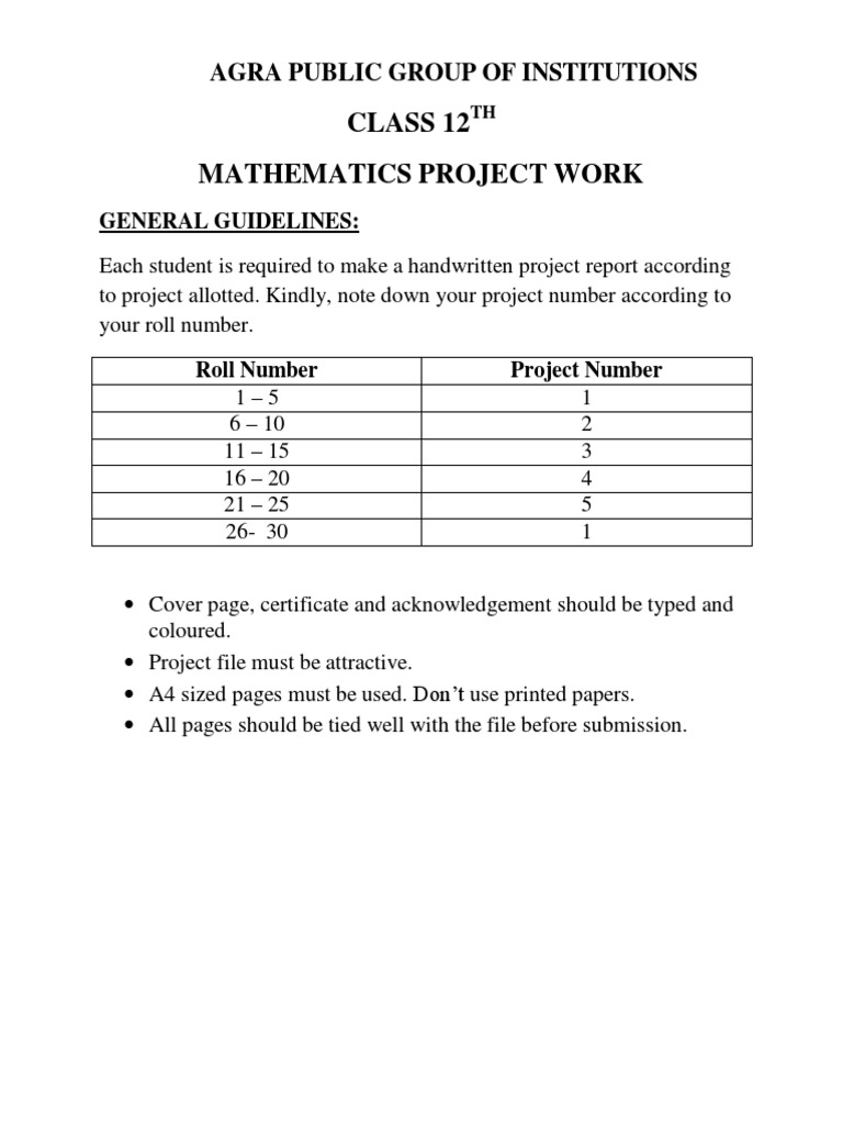 Class 12 Mathematics Project Work: Agra Public Group of Institutions ...