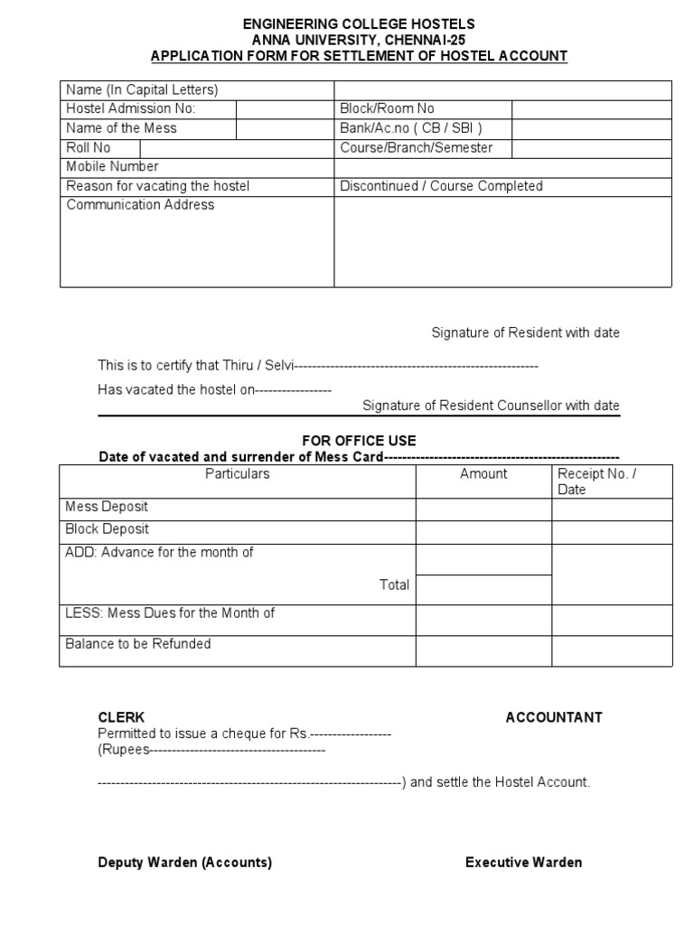 Settlement of Hostel Account Form - 2021 | PDF