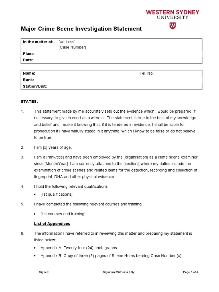 Major CSI Statement Template | PDF | Crime Scene | Forensic Science