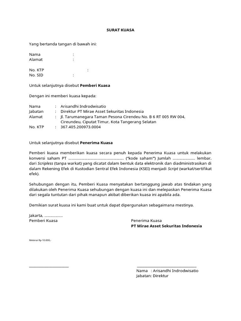 Surat Kuasa Untuk Konversi Saham Menjadi Warkat | PDF