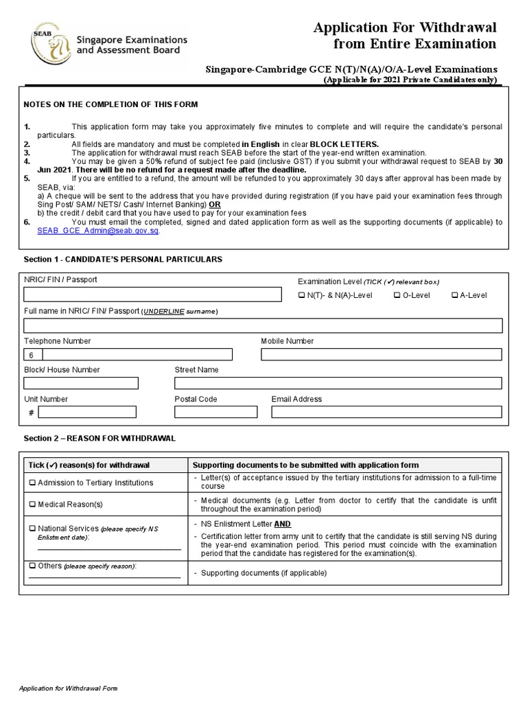 Application for Withdrawal from Entire Examination: Instructions and ...