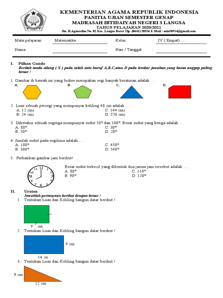 Soal MTK Kelas 4 SMT Genap 2021 | PDF