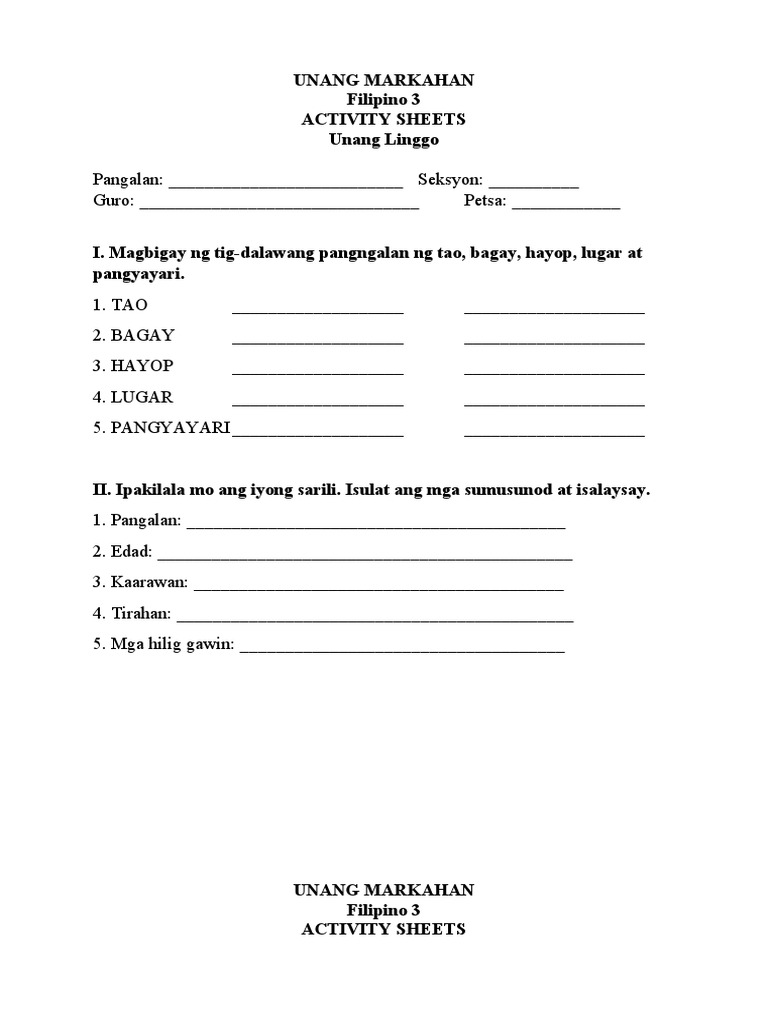 Filipino Grade3 Activity Sheets | PDF