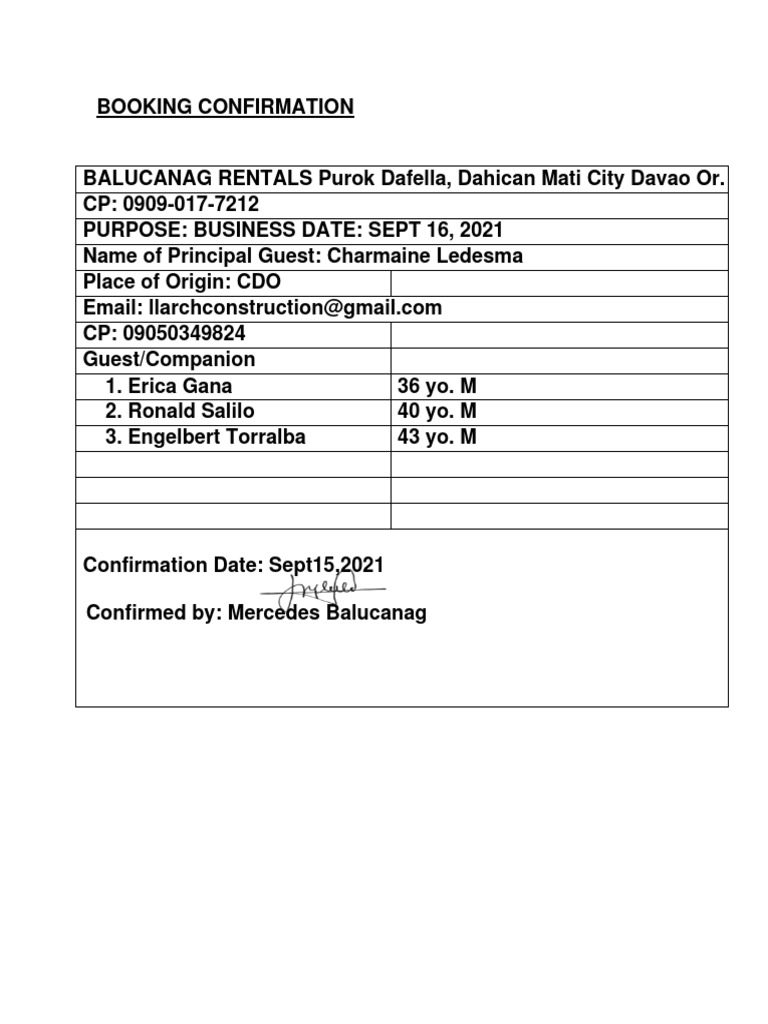 BOOKING CONFIRMATION Sample | PDF