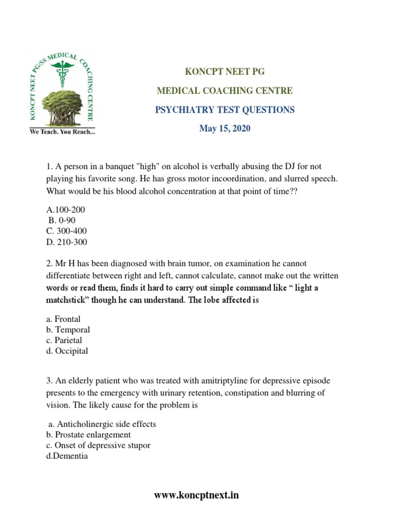 Koncpt Neet PG Medical Coaching Centre: Psychiatry Test Questions May ...