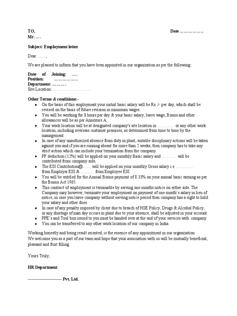 Format of Joining Letter | PDF | Salary | Employment