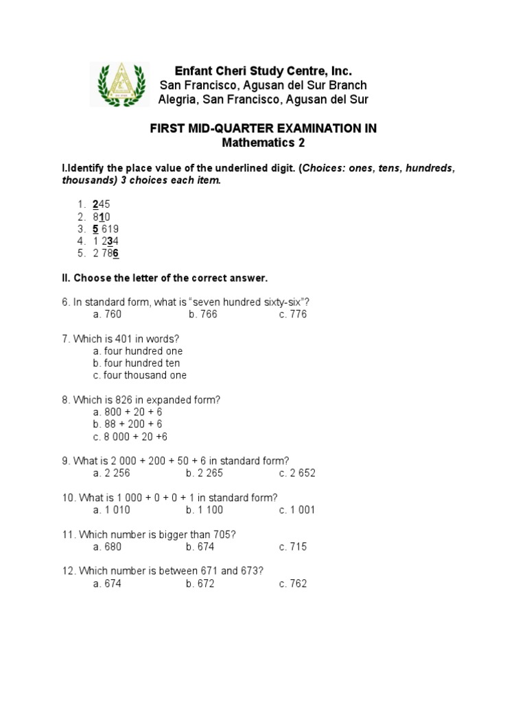 First Mid-Quarter Mathematics 2 | PDF | Written Communication | Mathematics