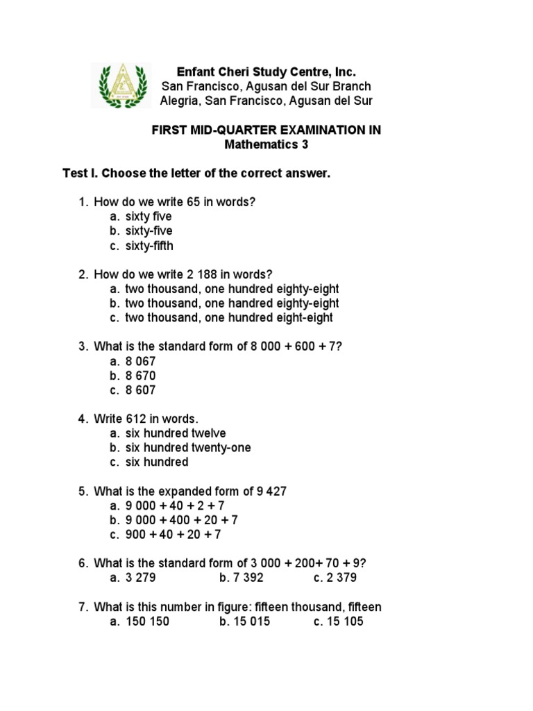 First Mid-Quarter Mathematics 3 | PDF