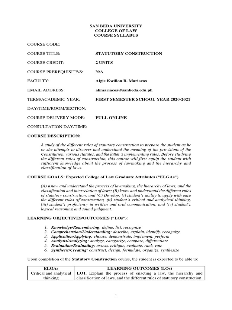 Statutory Construction Course Syllabus | PDF | Statutory Interpretation ...