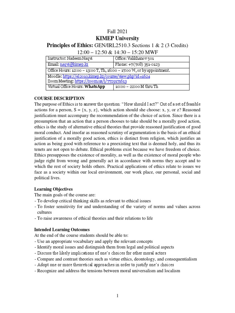 F2021 Principles of Ethics Syllabus | PDF | Morality | Academic Dishonesty