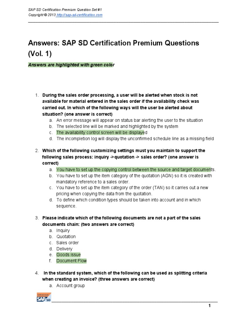 Answers: SAP SD Certification Premium Questions (Vol. 1) : Answers Are Highlighted With Green ...