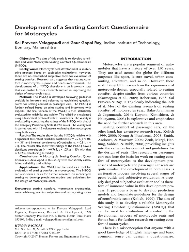 Development of A Seating Comfort Questionnaire For Motorcycles | PDF ...