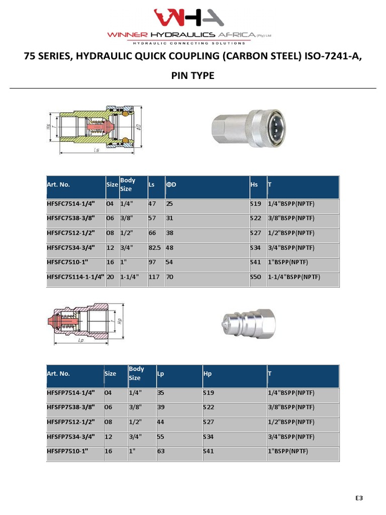 75 Series, Hydraulic Quick Coupling (Carbon Steel) Iso-7241-A, Pin Type ...