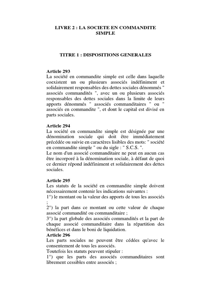 Livre 2: La Societe en Commandite Simple | PDF | Affaires | Finance et ...