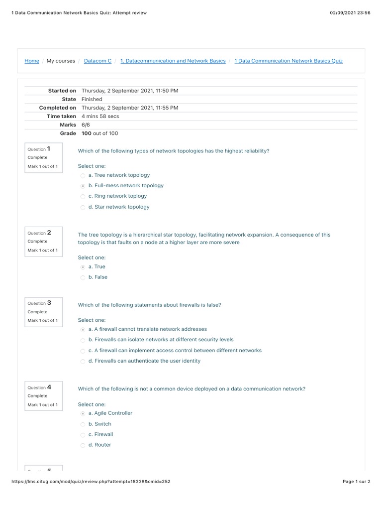 1 Data Communication Network Basics Quiz: Attempt Review | PDF ...